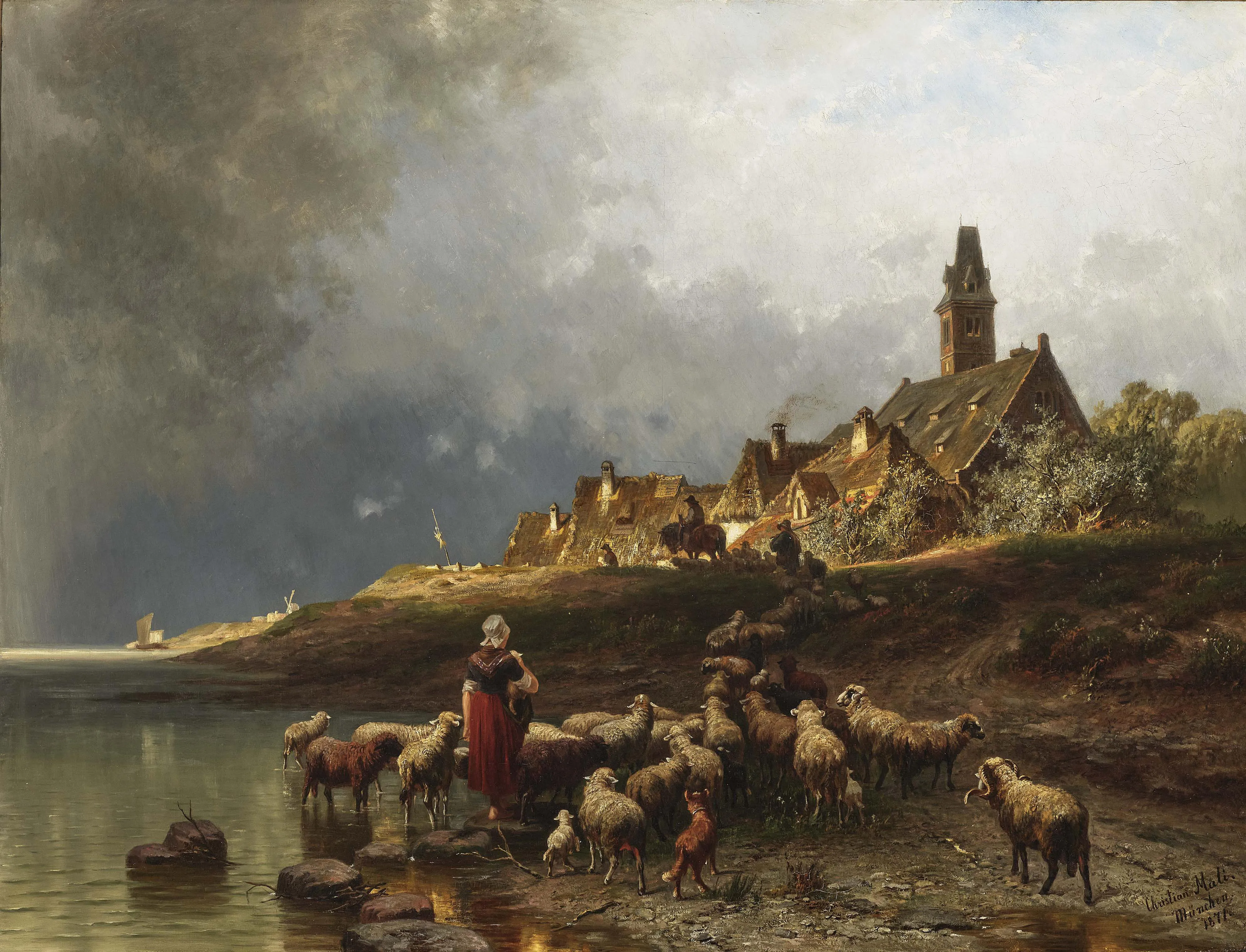 Christian Mali - Dutch coastal landscape with flock of sheep returning ...