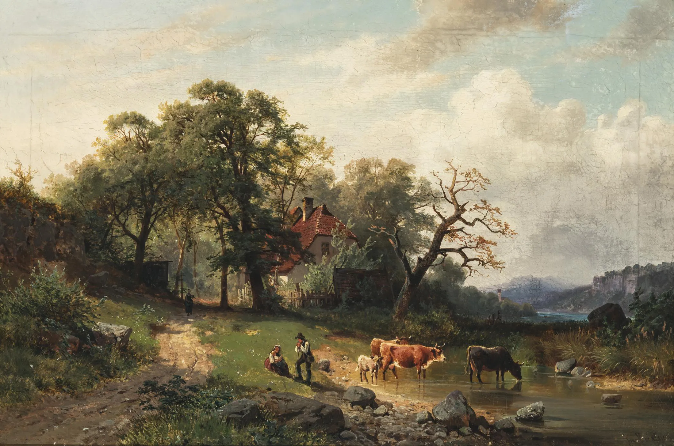 G. Kustner - Herder couple with cattle by the water | Widewalls