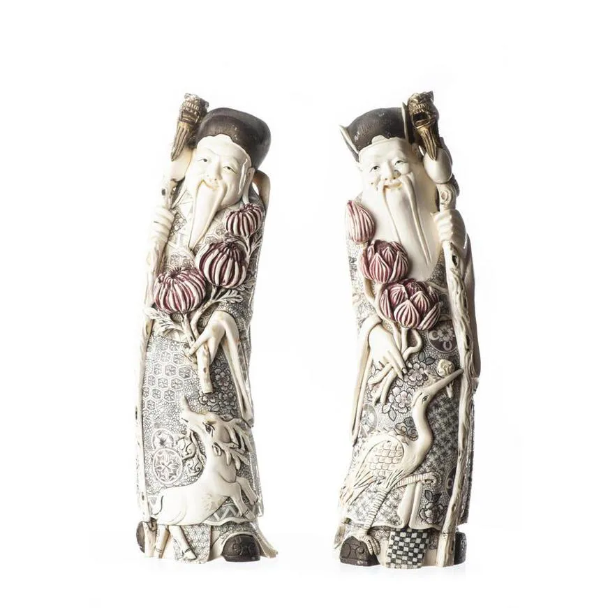 China, Two Polychrome Ivory Carvings From Hong Kong of Two Taoist ...