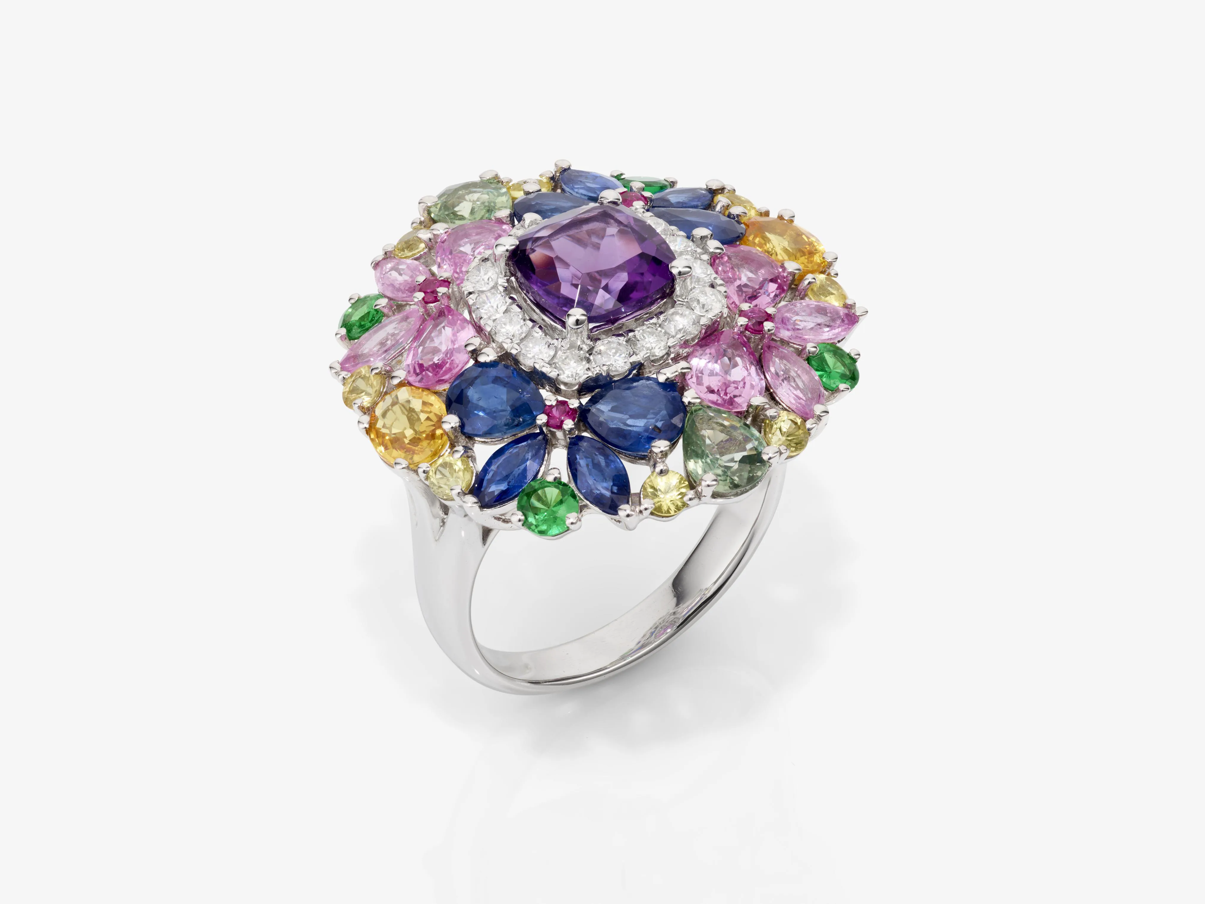 A Stylized Floral Cocktail Ring Decorated With Fine Gemstones And ...