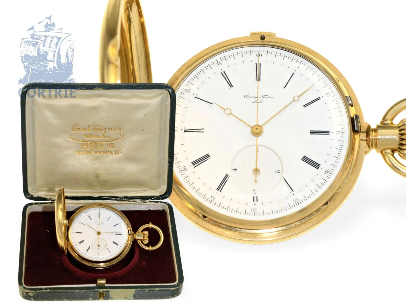 Pocket watch: very fine and rare James Nardin chronograph with rare double complication of ...